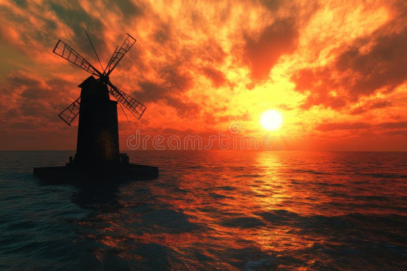 Sunset Windmill Silhouette Over Ocean Stock Image - Image of clouds, maritime: 382332989