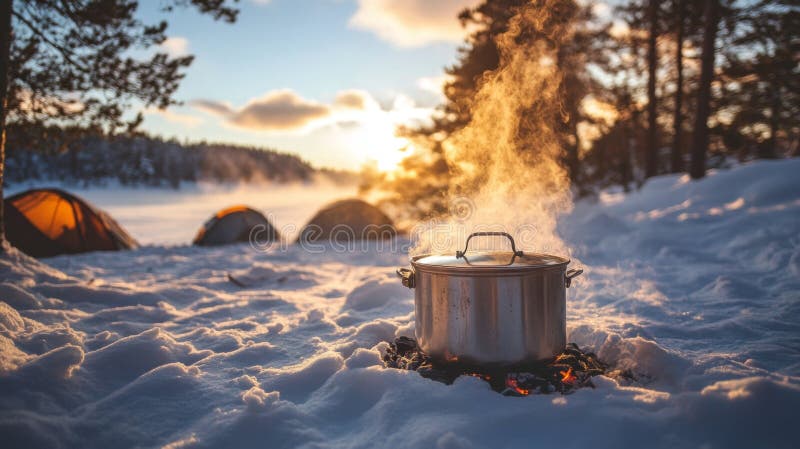 Sunset Winter Camping Cooking Pot on Fire Stock Illustration ...