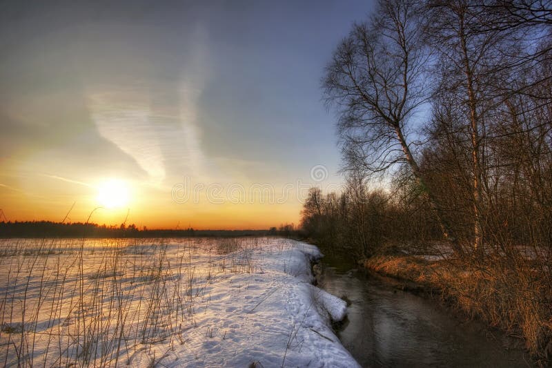 Sunset of winter river stock image. Image of trees, outside - 5332053