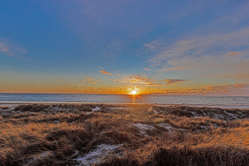 Sunset on Winter Beach of Balvand in Denmark Stock Image - Image of ...