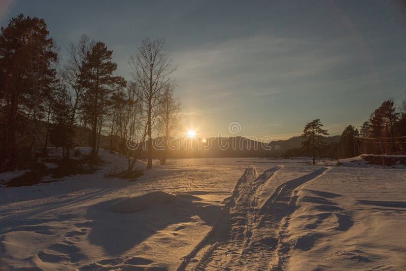 Sunset Winter Snow Nature River Horizon Landscape. Winter Snow Forest ...