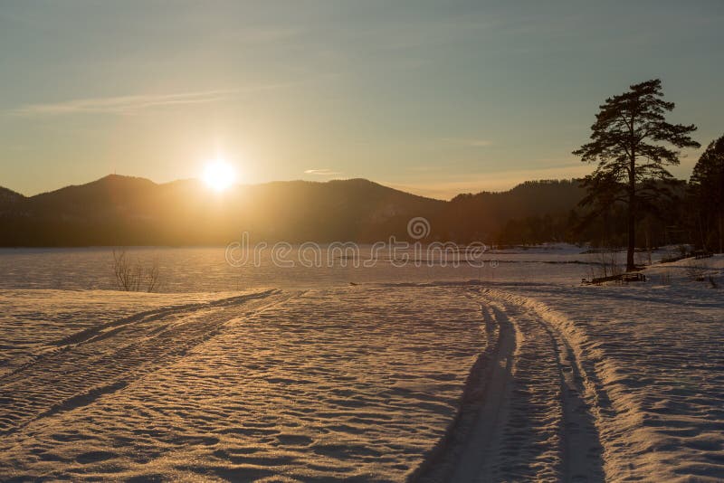 Sunset Winter Snow Nature River Horizon Landscape. Winter Snow Forest ...