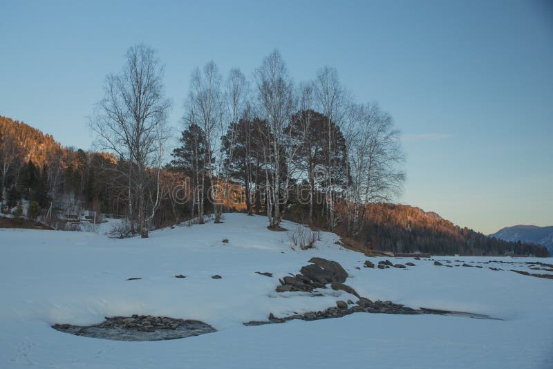 Sunset Winter Snow Nature River Horizon Landscape. Winter Snow Forest ...