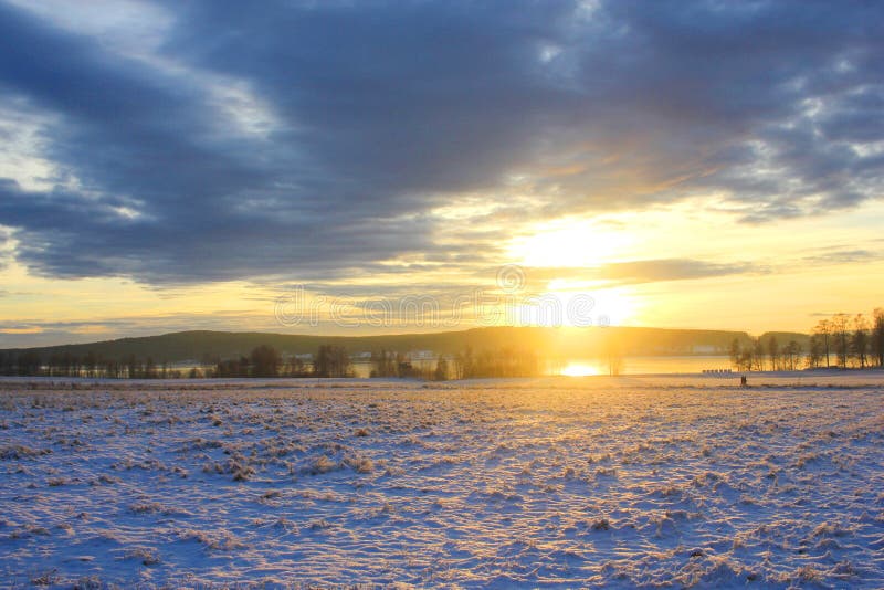 Sunset in Winter with Snowy Fields Stock Photo - Image of mountains ...