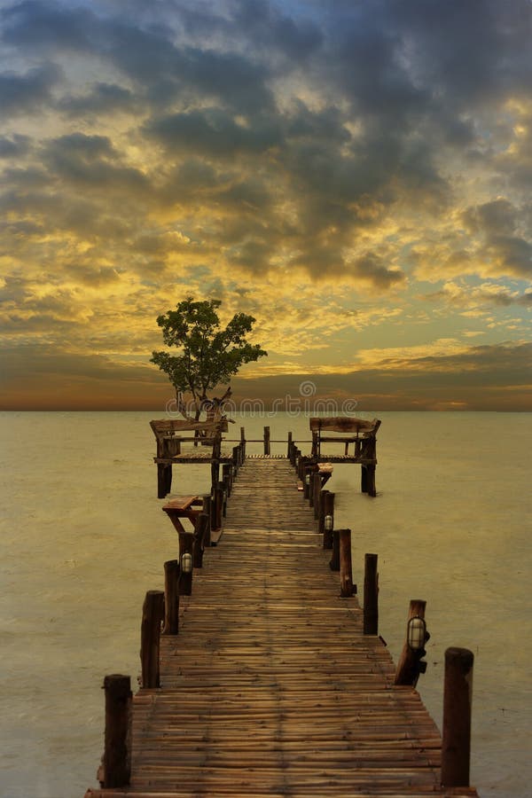 Sunset on the Bridge Jetty in the Middle of the Sea Stock Image - Image ...