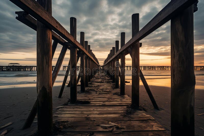 Sunset at Wooden Pier Boardwalk on Seashore Stock Photo - Image of ...