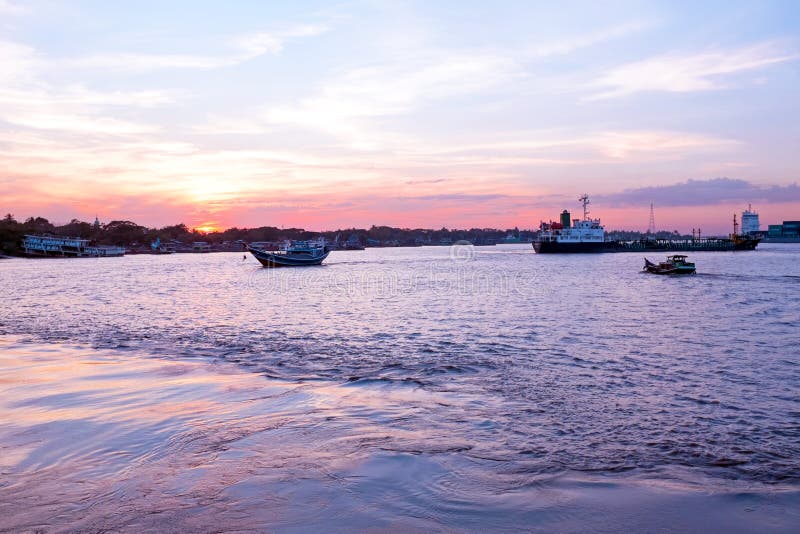 Sunset at the Yangon River in Yangon Myanmar Stock Photo - Image of ...