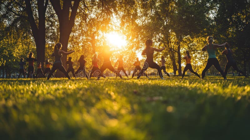 Sunset yoga class in park stock illustration. Illustration of practice ...
