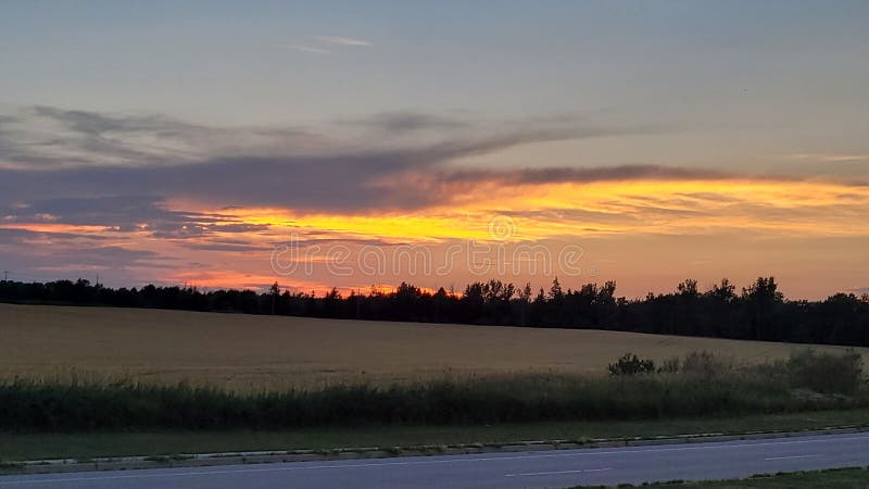 Sunsetting over open field stock image. Image of evening - 223443787