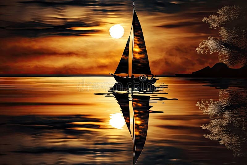 Sunsetting Sailboat on Shimmering Lake, with Reflections of the Sun ...