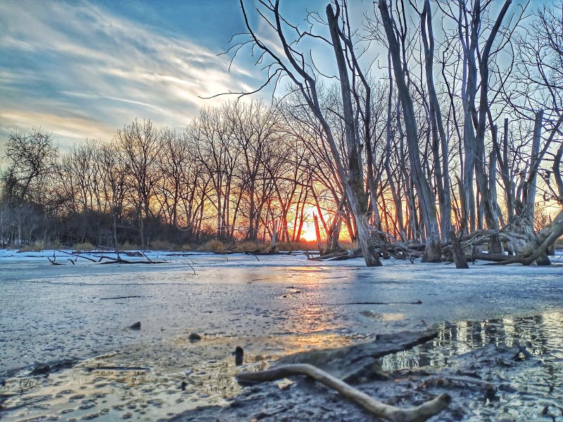 Sunshine on lake of ice stock photo. Image of tree, evening - 226670878