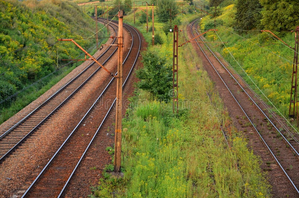 Sunshine Railway Tracks and Power Lines Stock Photo - Image of railroad ...