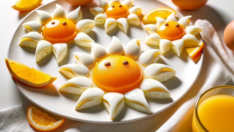 Sunshine Themed Breakfast for Kids Featuring Fried Eggs, Arranged on a ...