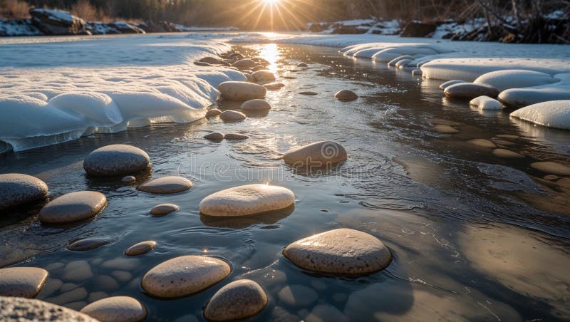Sunshine Warming Shallow River Where Ice Melts between Smooth Rounded ...