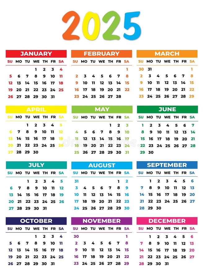 2025 Sunday Start Landscape Color Calendar Stock Vector - Illustration ...