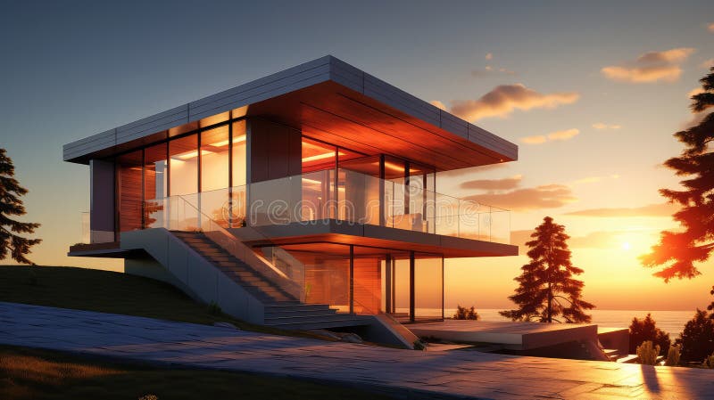 Sunwindows Modern House Sunset Stock Illustration - Illustration of ...