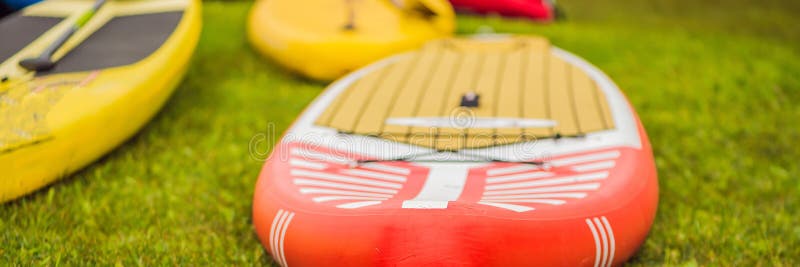 SUP Boards Lying on the Grass by the River, Lake or Sea BANNER, LONG ...