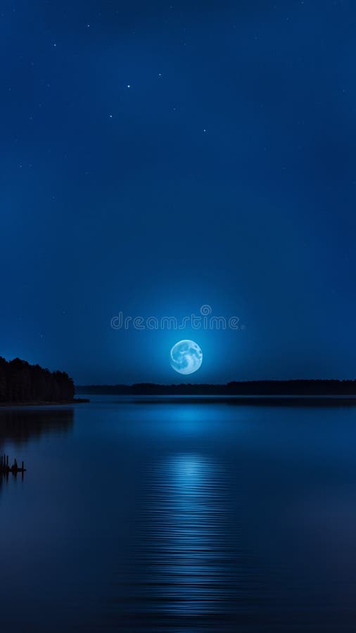 Super Blue Moon Casting Over the Lake Illustration Artificial ...
