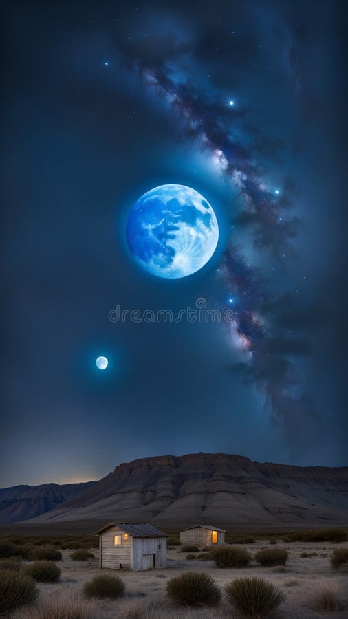 Super Blue Moon in the Milky Way Casting Over the Land Illustration ...