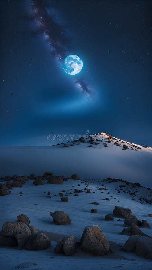 Super Blue Moon in the Milky Way Casting Over the Land Illustration ...