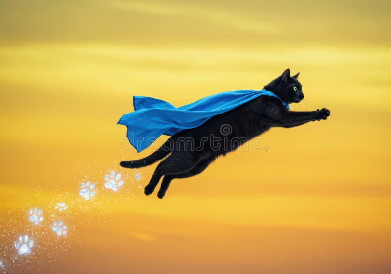 Super Cat in Blue Cape Soaring through Vibrant Sunset Sky with Glowing ...