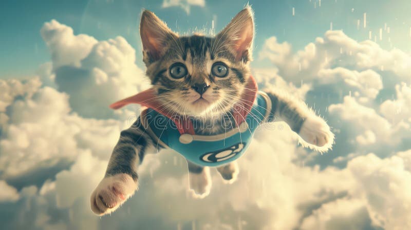 A Super Cat Flies through the Clouds Stock Illustration - Illustration ...