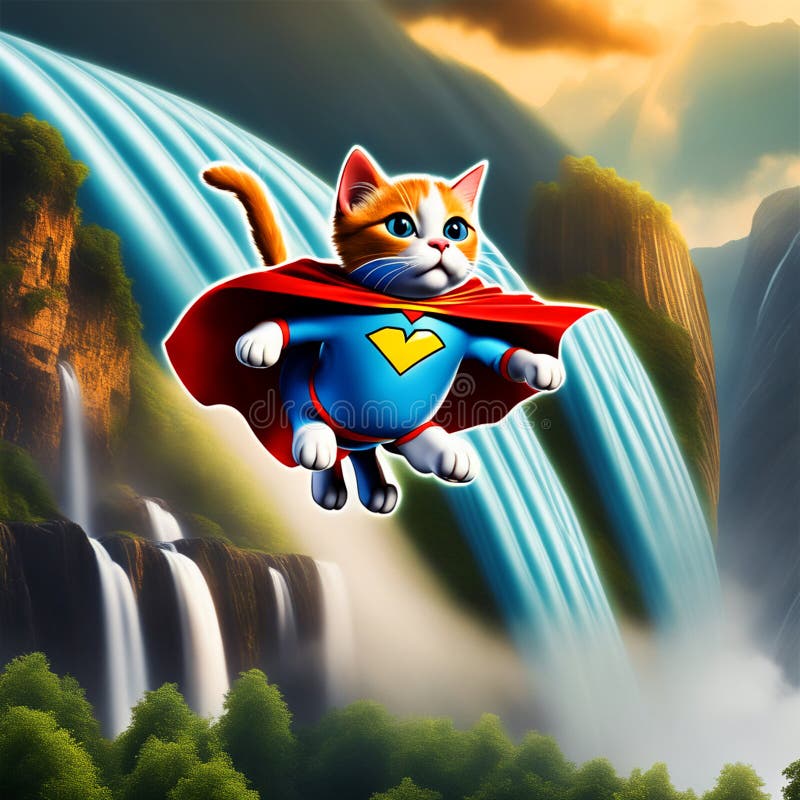 A Super Cat Flying in Front of the Waterfall Stock Illustration ...