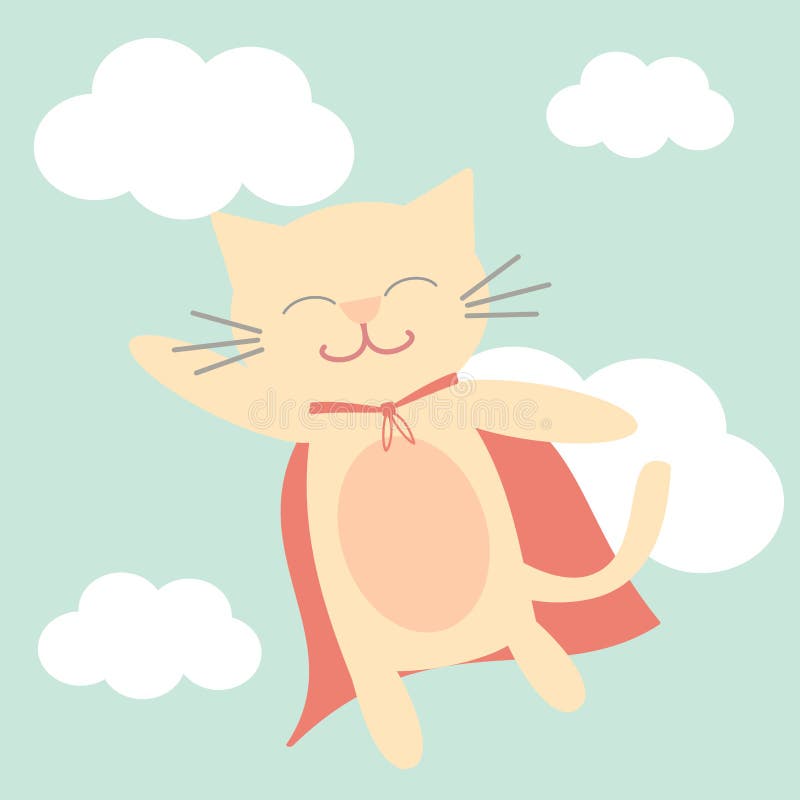 Super Cat Hero Flying in the Sky Funny Cartoon Illustration Stock ...