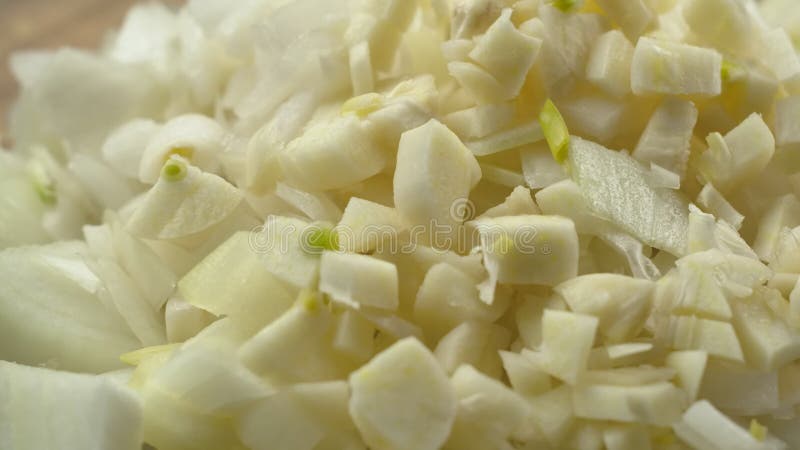 Super Close-up of the White Onion Cubes Falling Down Stock Footage ...