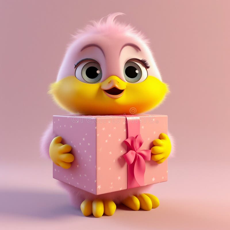 Super Cute Cartoon Baby Chick with Gift Box on Solid Background ...