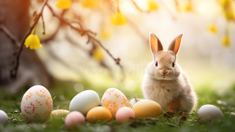 Super Cute Easter Bunny Sitting on the Green Grass with Colored Eggs ...