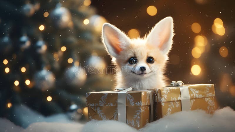 Super Cute Fennec Fox with Christmas Gift Box. Stock Image - Image of ...