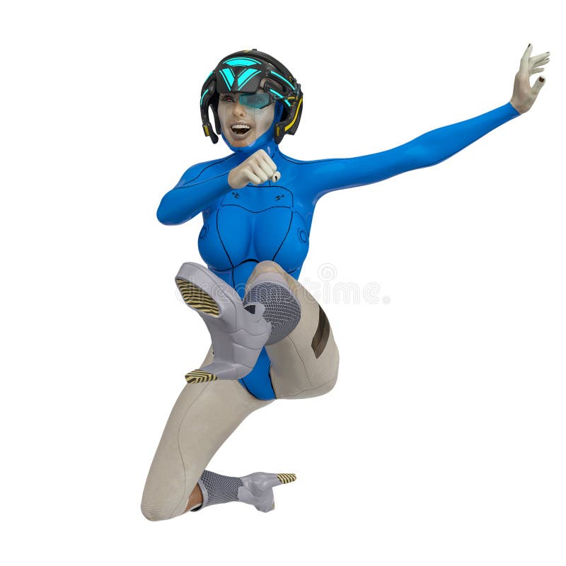 Super cyborg girl jumping stock illustration. Illustration of blue ...