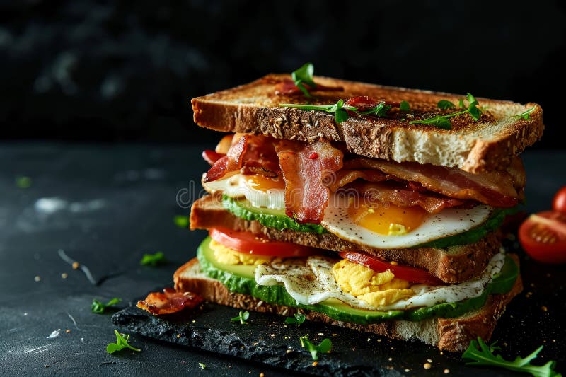Super Delicious Sandwich Stack, with Bacon, Eggs and Avocado, in Black ...