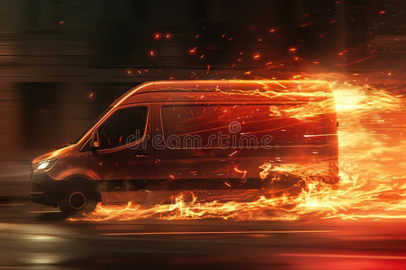 Super Fast Delivery of Package Service with Van Fire Effect. Generative ...