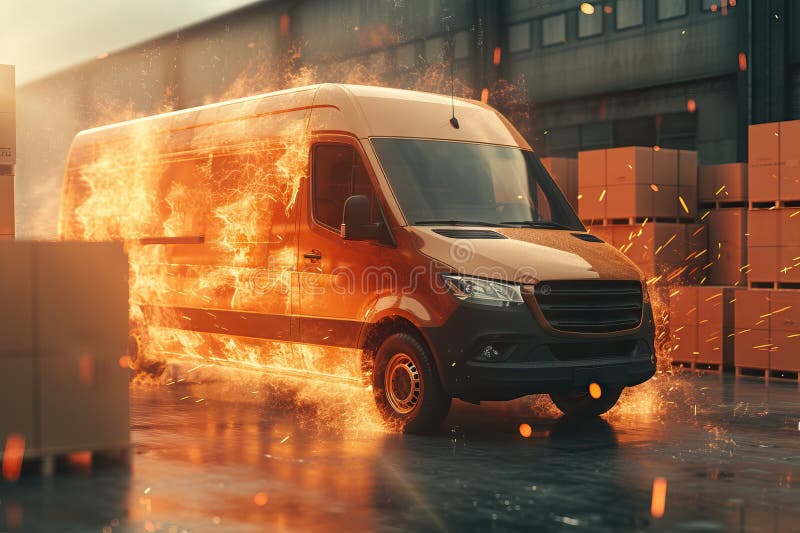 Super Fast Delivery of Package Service with Van Fire Effect. Generative ...