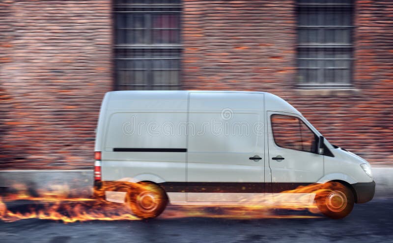 Super Fast Delivery of Package Service with Van with Wheels on Fire ...