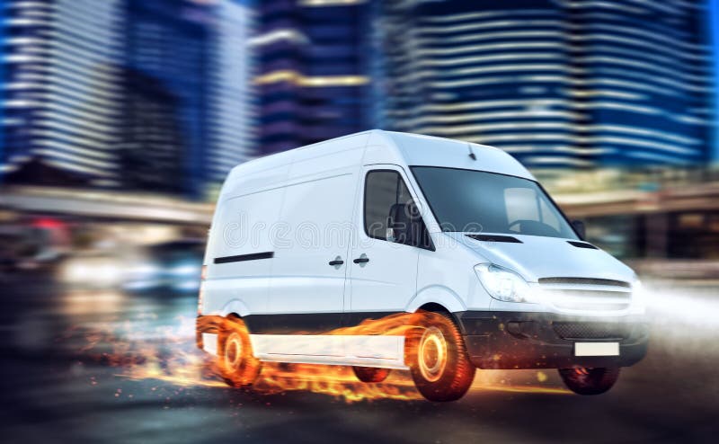 Super Fast Delivery of Package Service with Van with Wheels on Fire ...