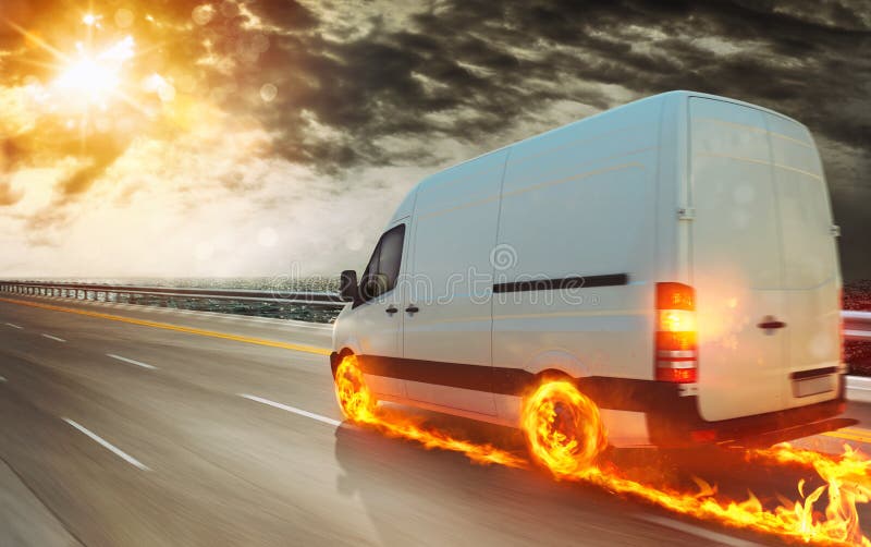 Super Fast Transportation Service with a White Van with Wheels on Fire ...