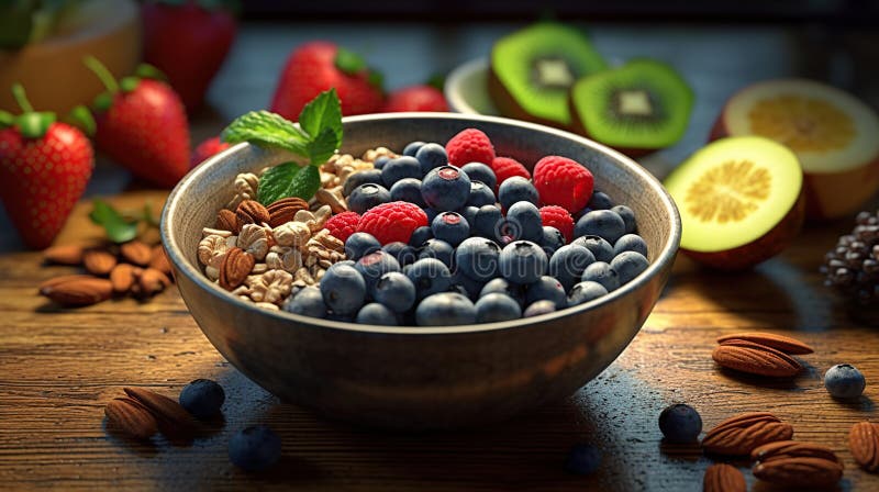 Super Food Fruit and Nuts Healthy Bowl Generative AI Stock Illustration ...