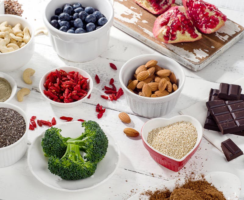 Super Foods on White Wooden Table. Stock Image - Image of medicine ...