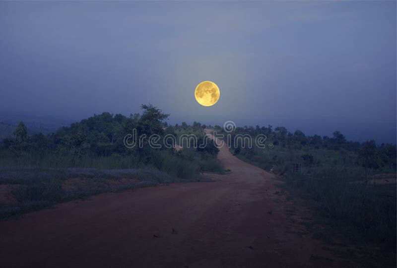 Super Full Moon Over the Road on the Hill Stock Image - Image of ...