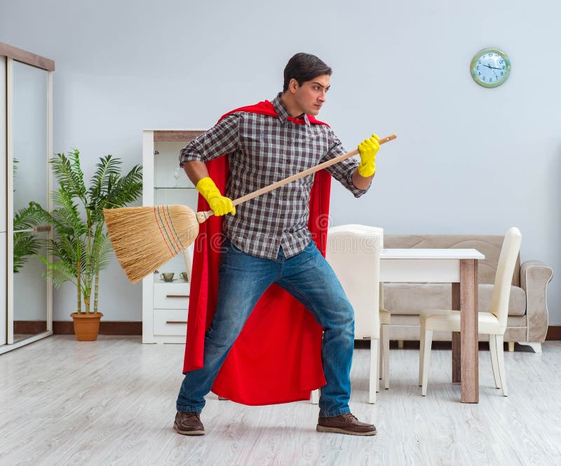 Super Hero Cleaner Working at Home Stock Image - Image of powerful ...