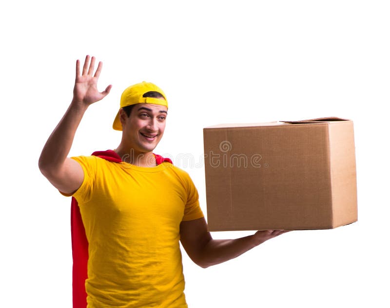 Super Hero Delivery Guy Isolated on White Stock Photo - Image of heavy ...