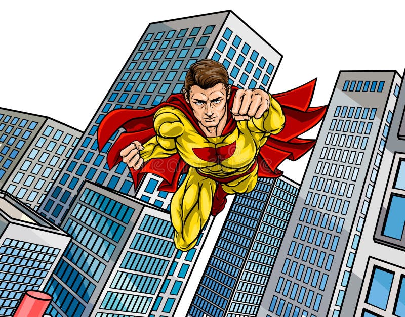 Super Hero Flying City Comic Book Superhero Pose Stock Vector ...