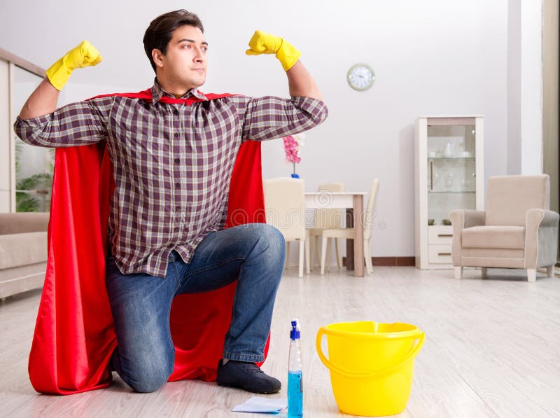 Super Hero Husband Cleaning Floor at Home Stock Image - Image of ...