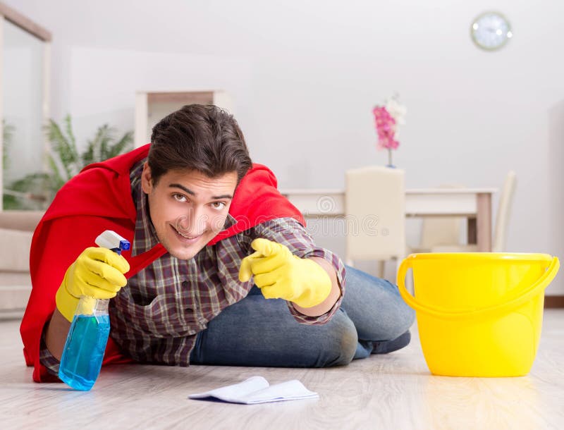 Super Hero Husband Cleaning Floor at Home Stock Image - Image of clean ...