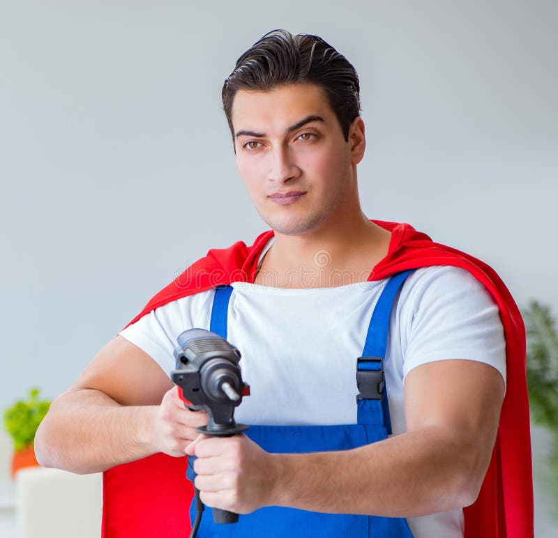 Super Hero Repairman Working at Home Stock Photo - Image of coveralls ...