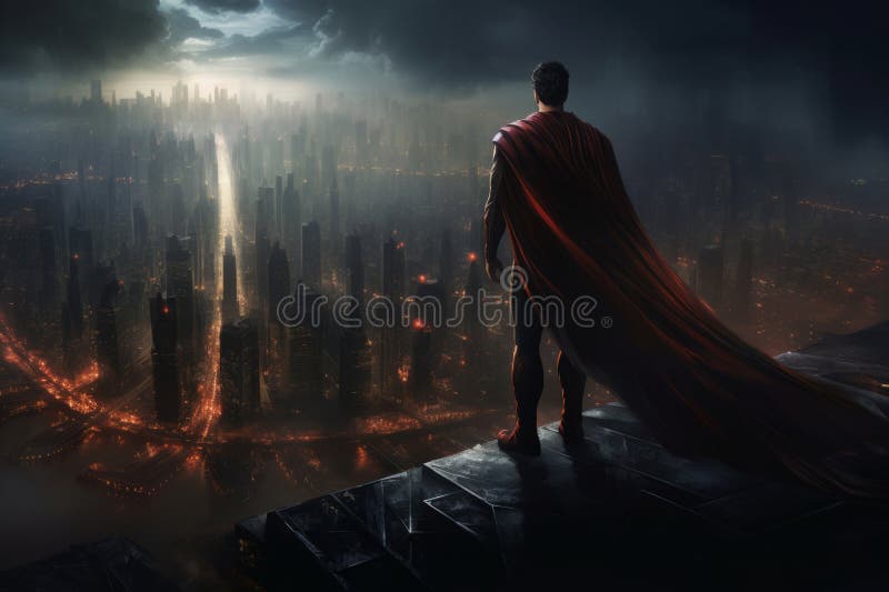 Super Hero Standing Over Night City Stock Illustration - Illustration ...