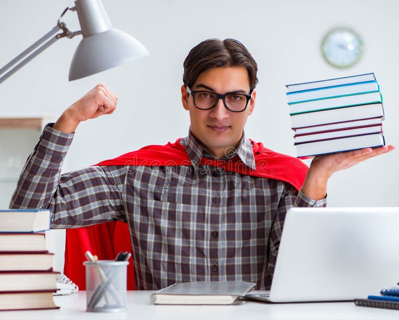 Super Hero Student with Books Studying for Exams Stock Image - Image of ...